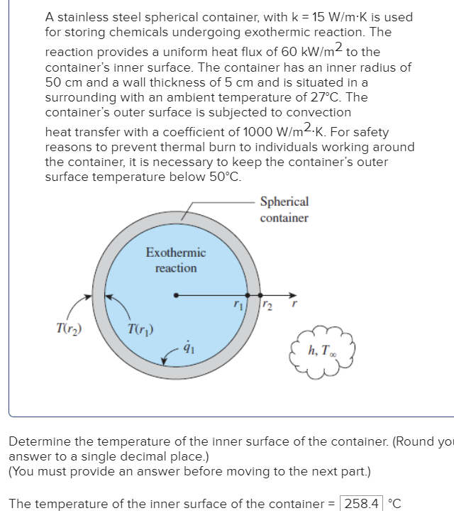 Solved A stainless steel spherical container, with k=15 | Chegg.com