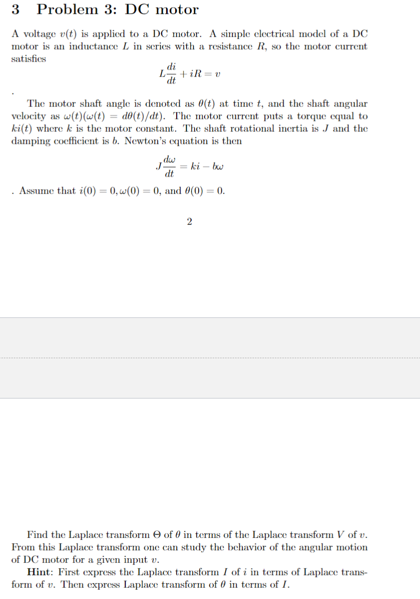 Solved A voltage v(t) is applied to a DC motor. A simple | Chegg.com