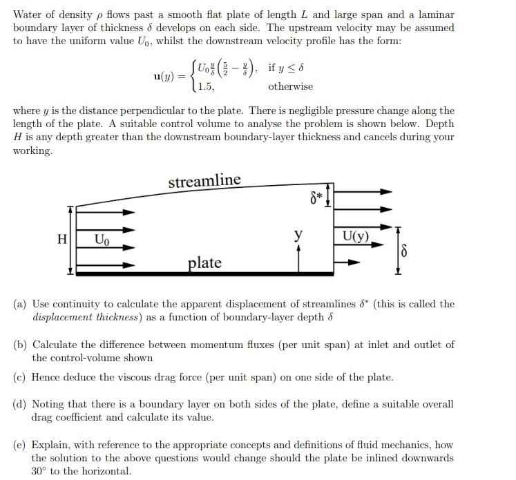 Solved Water of density ρ flows past a smooth flat plate of | Chegg.com