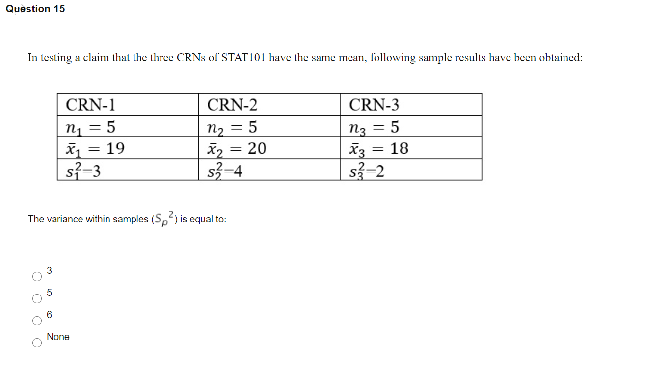 Solved Question 15 In testing a claim that the three CRNs of | Chegg.com