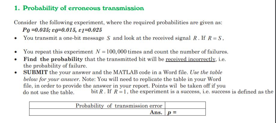 Solved 1. Probability of erroneous transmission Consider the | Chegg.com