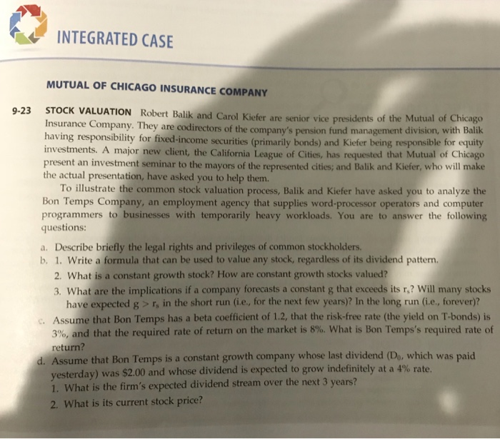 Solved INTEGRATED CASE MUTUAL OF CHICAGO INSURANCE COMPANY | Chegg.com