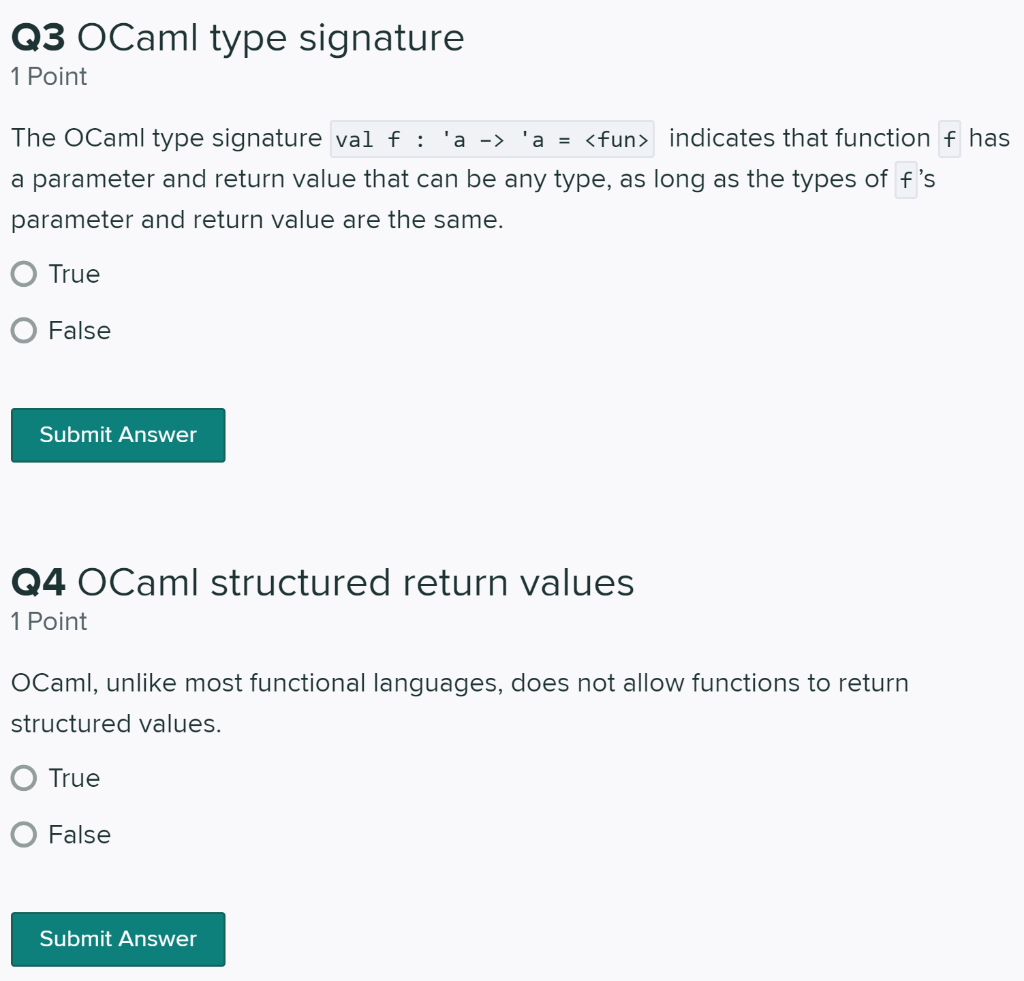 Solved Q3 OCaml type signature 1 Point The OCaml type | Chegg.com Solved Q3 OCaml type signature 1 Point The OCaml type | Chegg.com