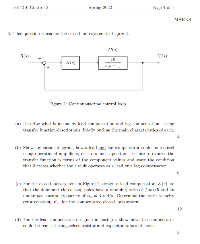 Solved 3. This question considers the closed-loop system in | Chegg.com