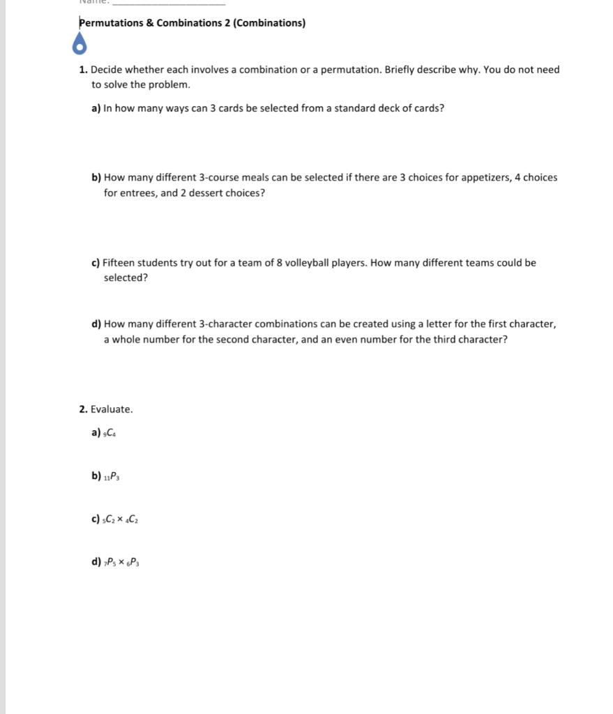Solved Permutations & Combinations 2 (Combinations) 1. | Chegg.com