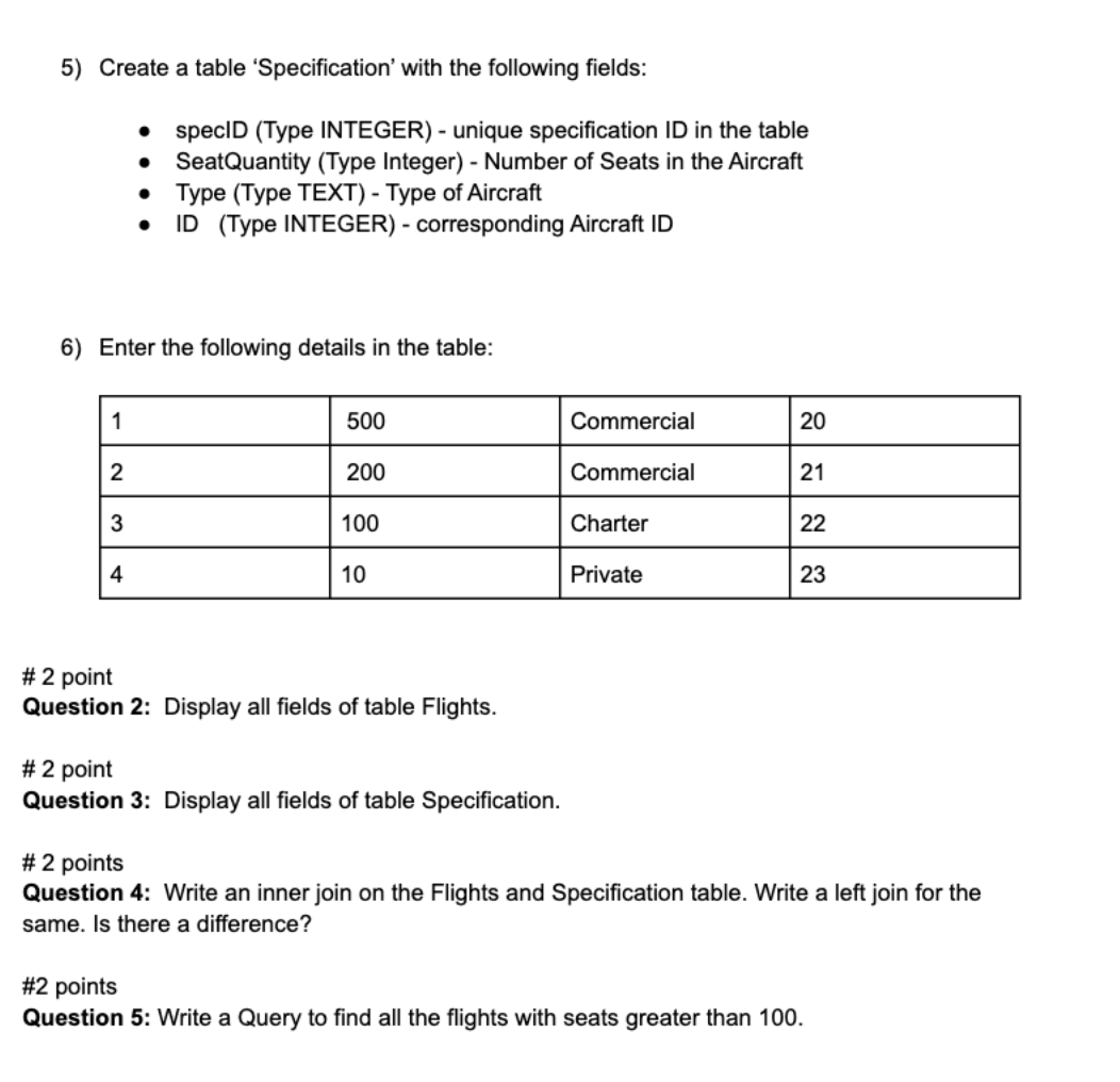 Solved 3) Create a table 'Flights' with the following | Chegg.com