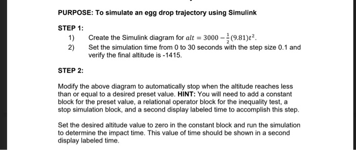 (Solved) : Purpose Simulate Egg Drop Trajectory Using Simulink Step 1 1 ... (Solved) : Purpose Simulate Egg Drop Trajectory Using Simulink Step 1 1 ...