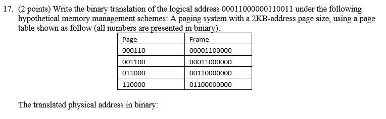 Solved 17. (2 points) Write the binary translation of the | Chegg.com