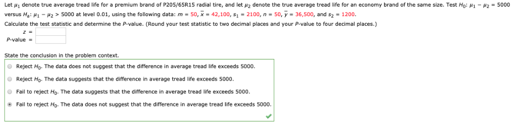 Solved Let Hy denote true average tread life for a premium | Chegg.com