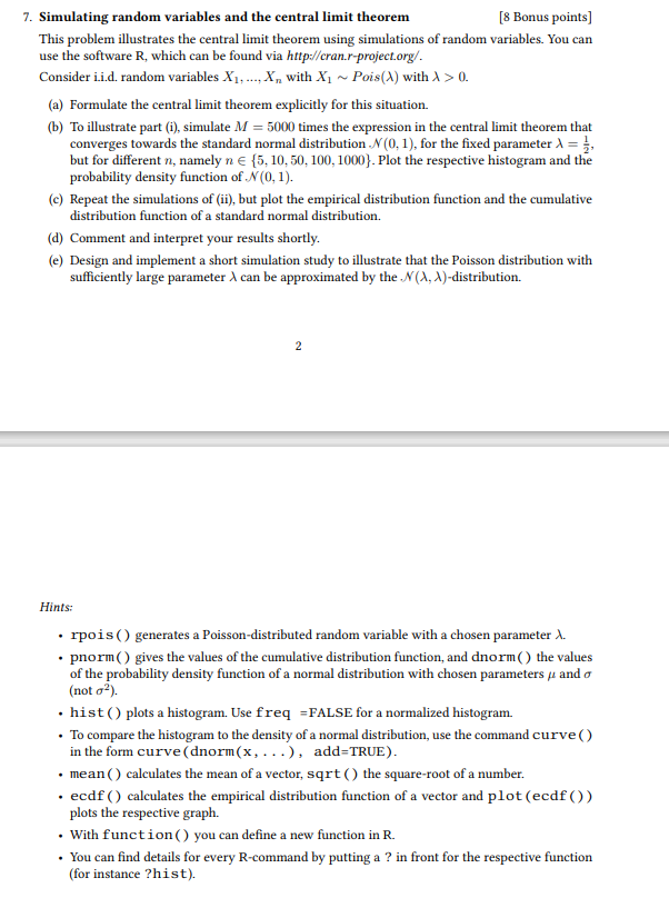 7. Simulating random variables and the central limit | Chegg.com