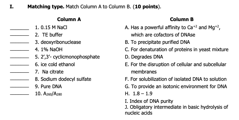 Solved I. Matching type. Match Column A to Column B. (10 | Chegg.com