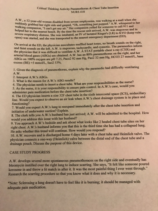 Solved ical Thinking Activity Pneumothorax & Chest Tube | Chegg.com