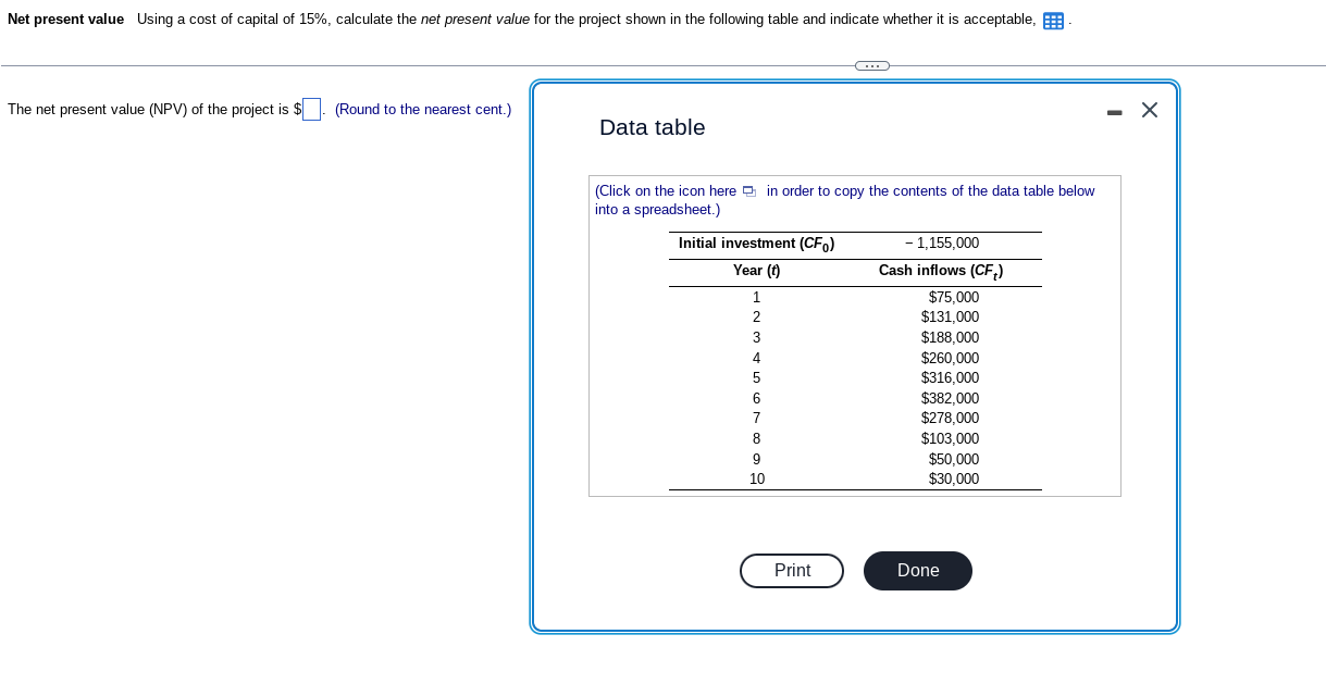 Solved Net present value Using a cost of capital of 15%, | Chegg.com