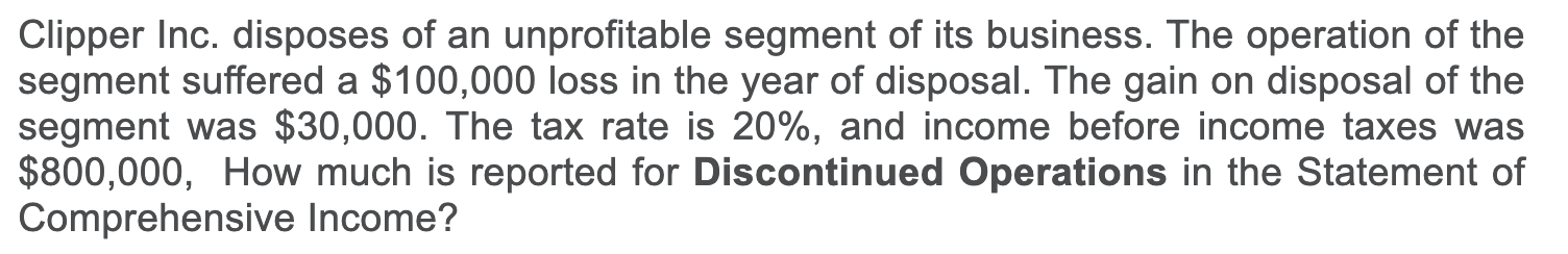 Solved Clipper Inc. disposes of an unprofitable segment of | Chegg.com