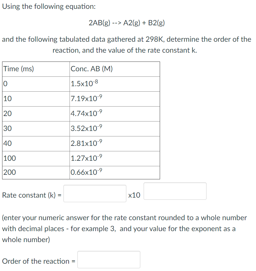 Solved Using the following equation: 2AB(g) --> A2(g) + | Chegg.com