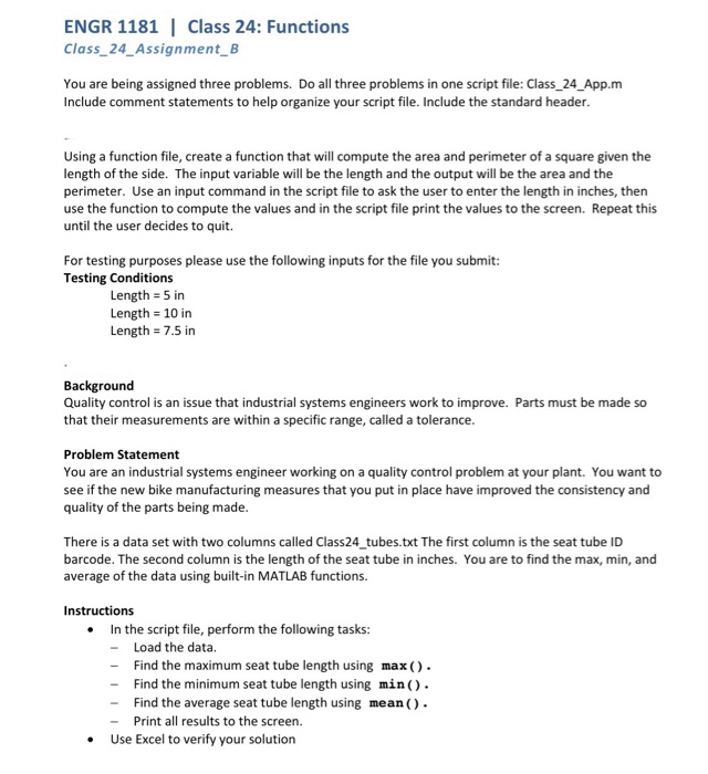 Solved ENGR 1181 Class 24: Functions Class 24 Assignment B | Chegg.com