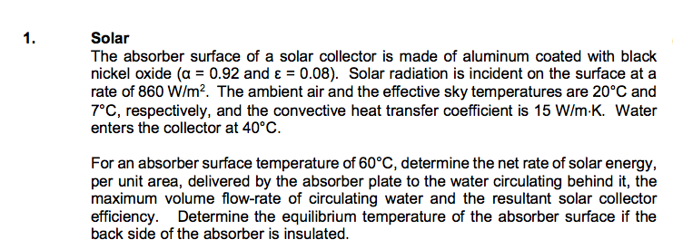 1. Solar The absorber surface of a solar collector is | Chegg.com