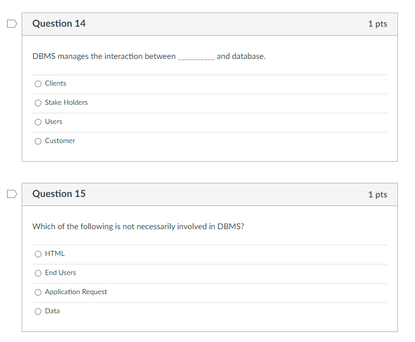 Solved Question 14 1 pts DBMS manages the interaction | Chegg.com