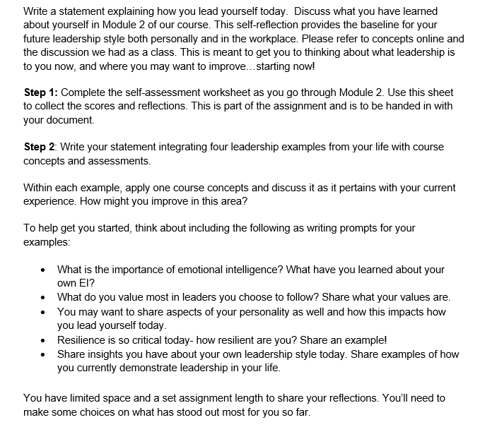 Solved Write a statement explaining how you lead yourself | Chegg.com