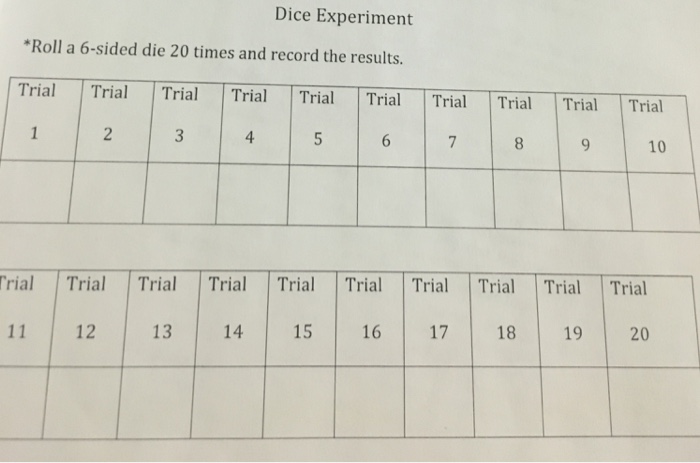 Solved Dice Experiment Roll a 6-sided die 20 times and | Chegg.com