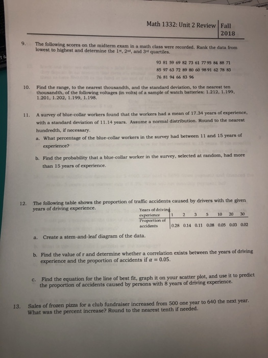Solved Math 1332: Unit 2 Review Fall 2018 9. The following | Chegg.com
