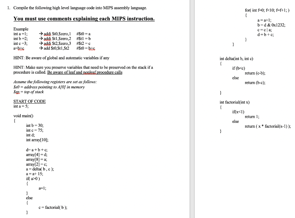 1. Compile the following high level language code | Chegg.com