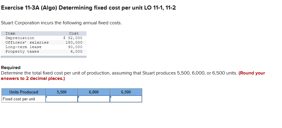 Solved Exercise 11-3A (Algo) Determining fixed cost per unit | Chegg.com