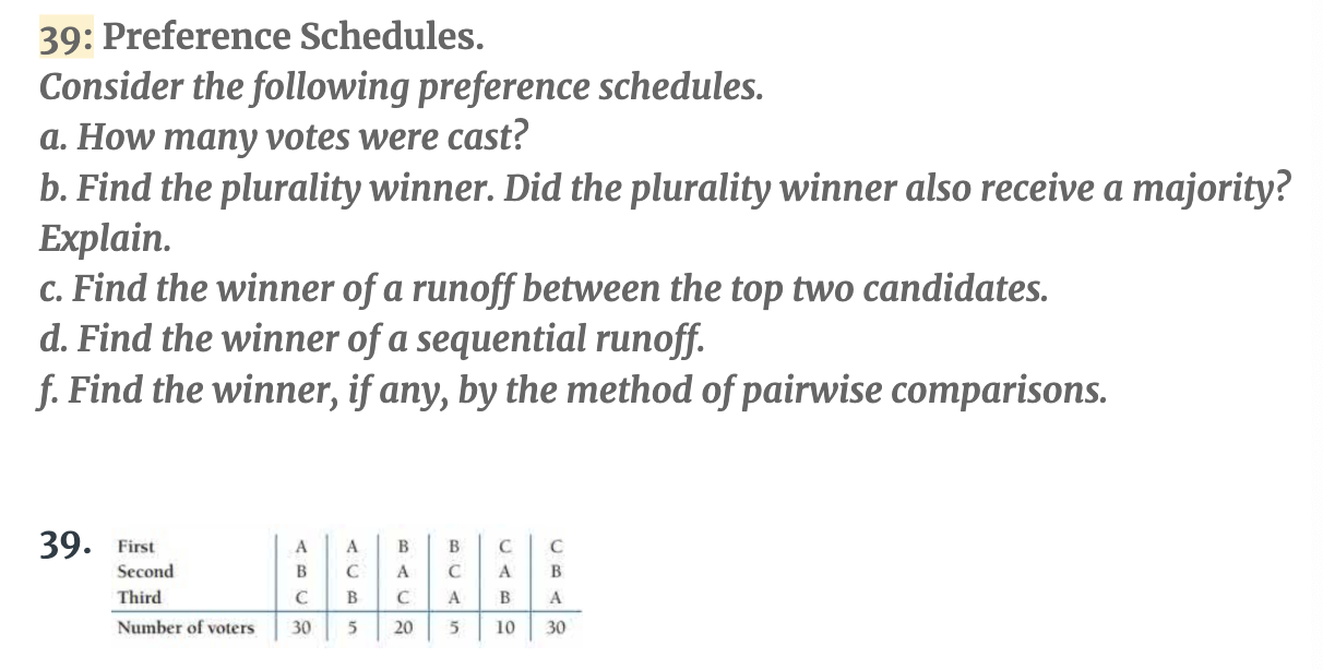 39: Preference Schedules. Consider the following | Chegg.com