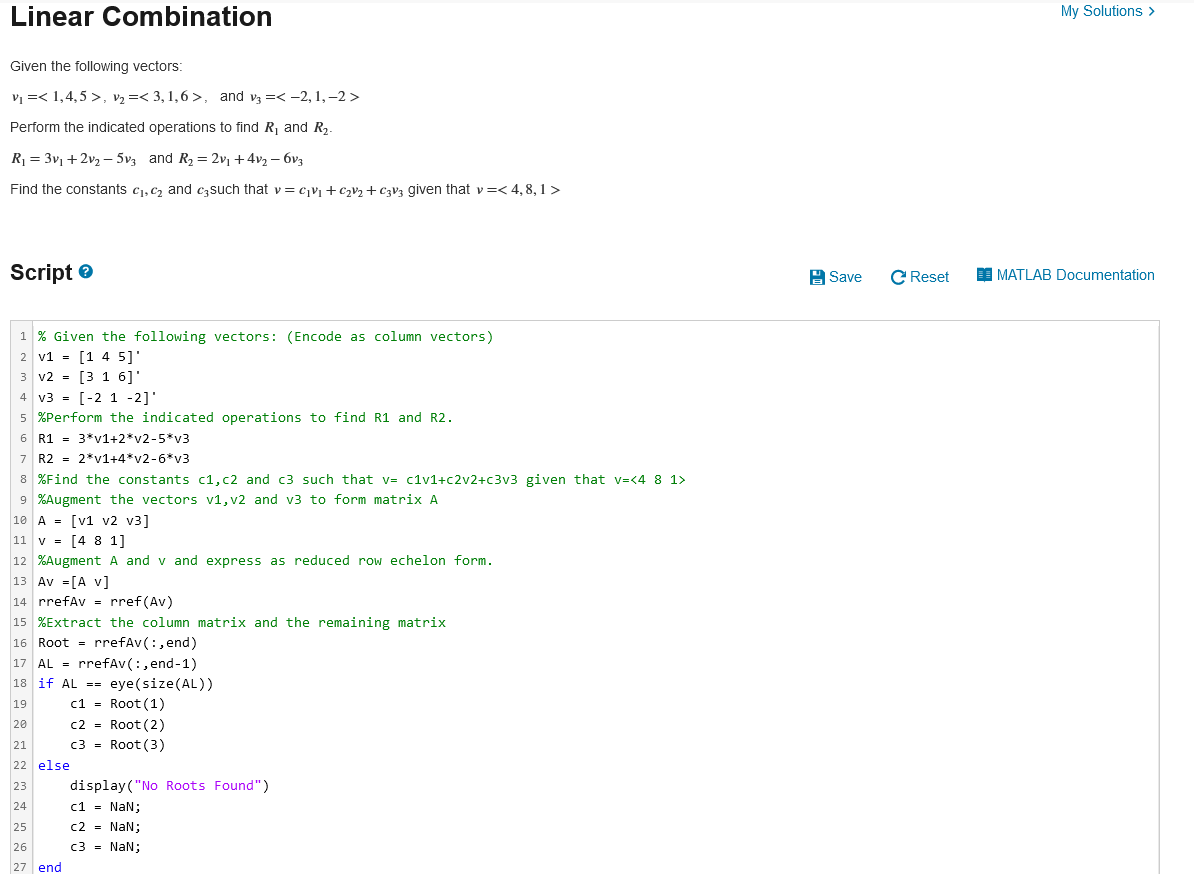 Solved Linear Combination My Solutions > Given the following | Chegg.com
