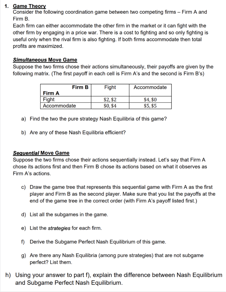 Solved 1. Game Theory Consider the following coordination | Chegg.com