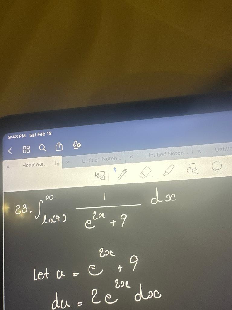 Solved −23⋅∫l(4)∞ let udue2x+91dx=e2x+9=2e2xdx | Chegg.com