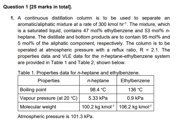 Solved 1. A continuous distillation column is to be used to | Chegg.com