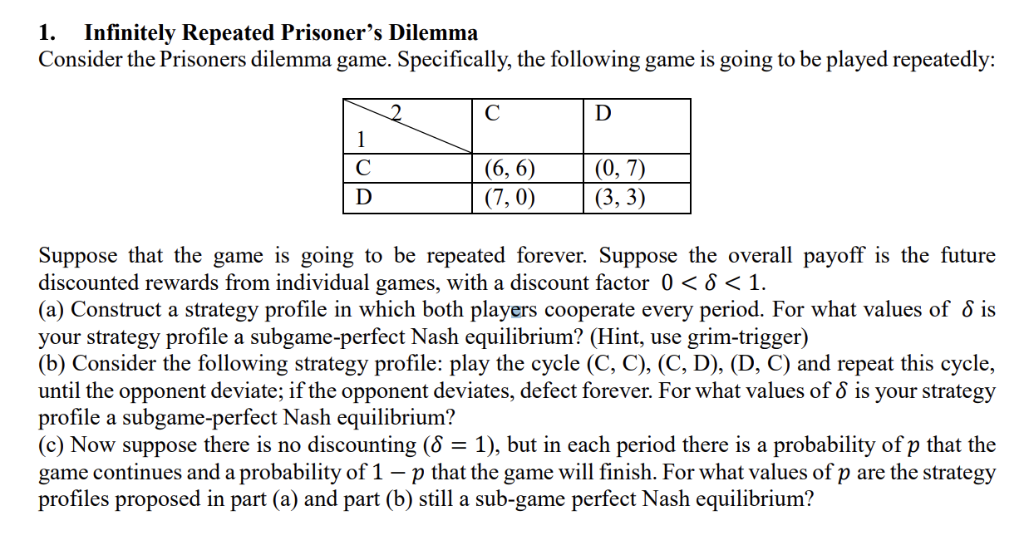 1. Infinitely Repeated Prisoner's Dilemma Consider | Chegg.com