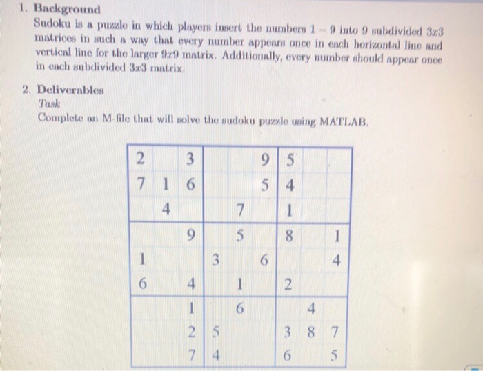 Solved 1. Background Sudoku ?s a puzzle in which players int | Chegg.com