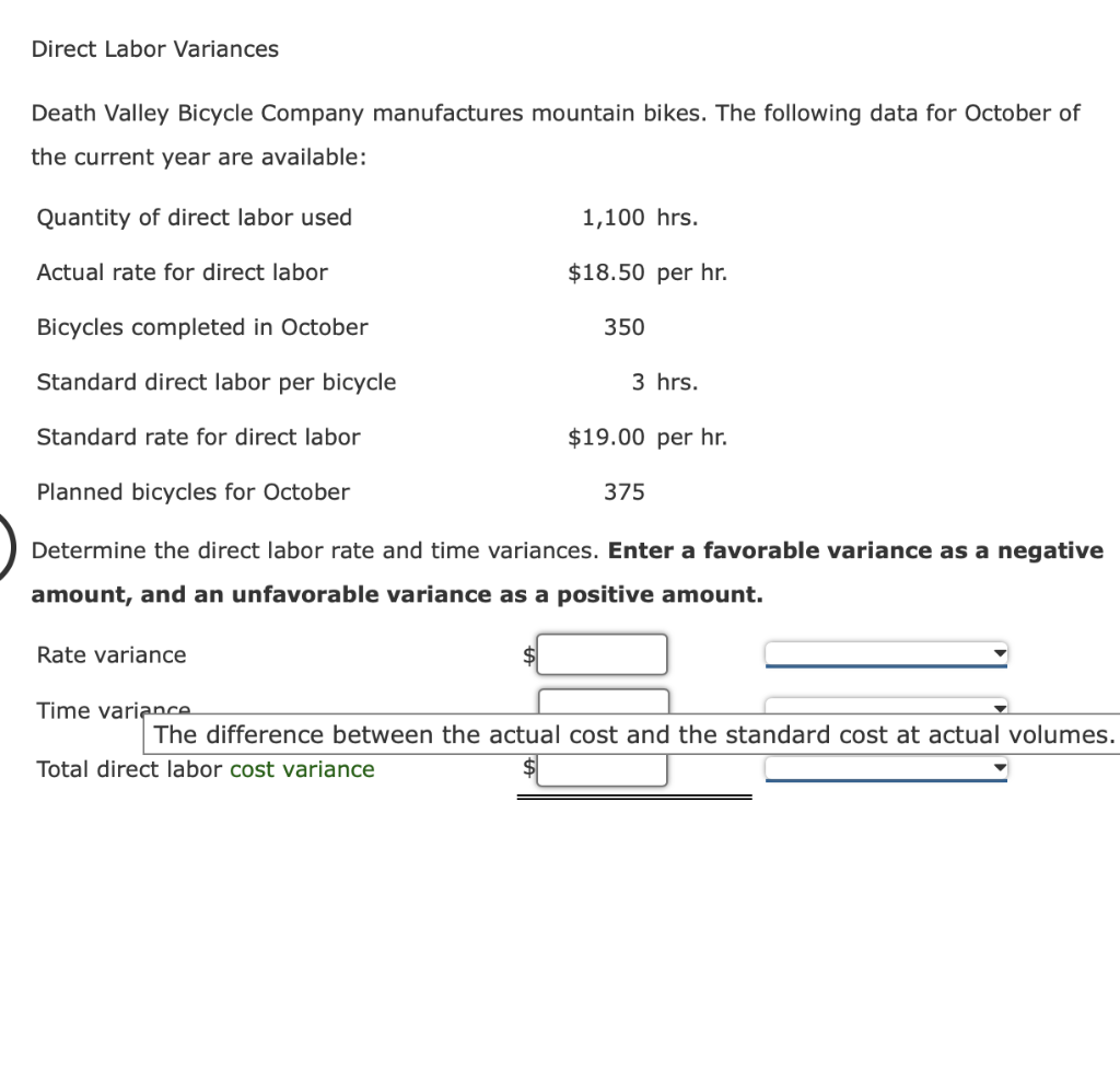 Solved Direct Labor Variances Death Valley Bicycle Company | Chegg.com