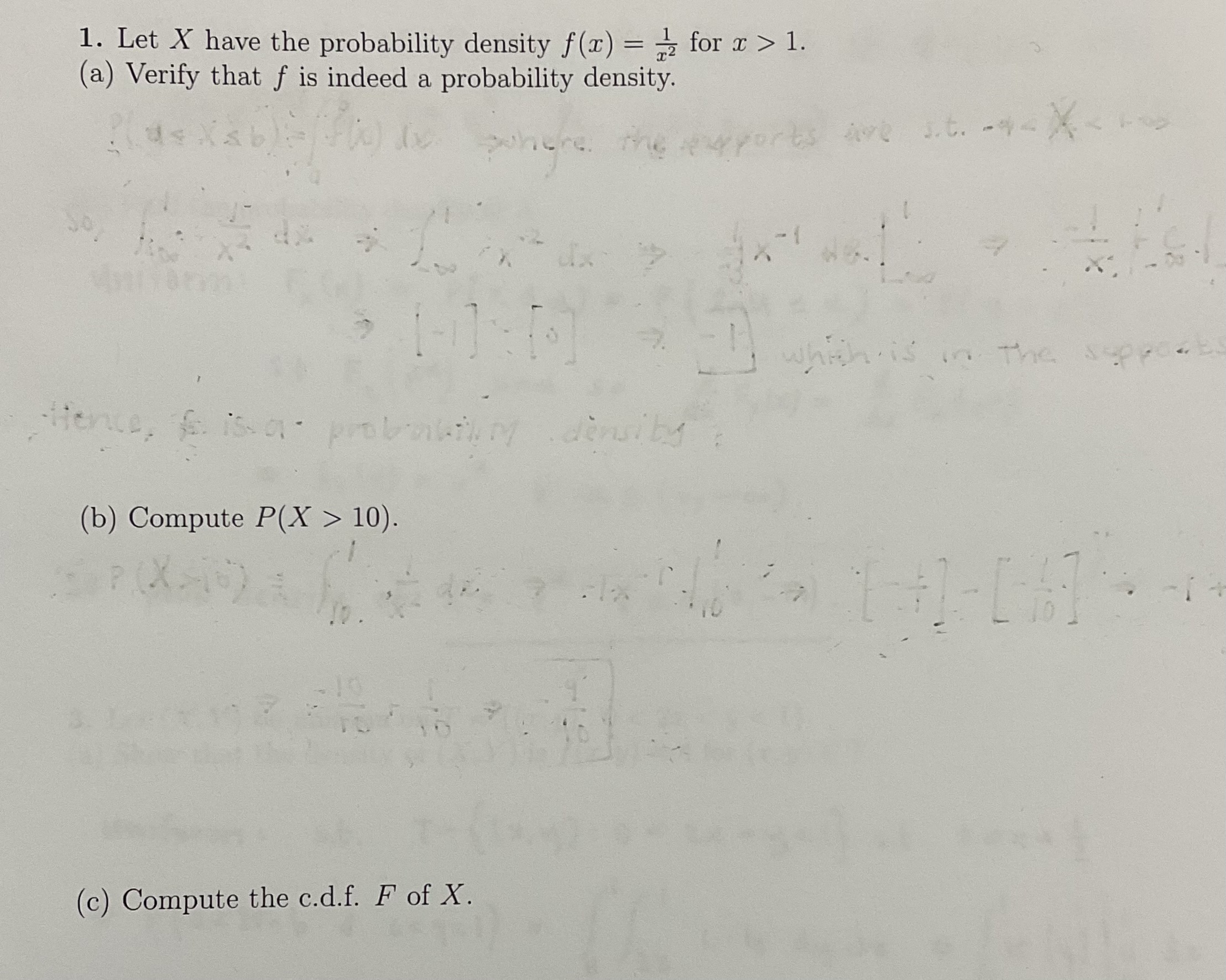 Solved Let x ﻿have the probability density f(x)=1x2 ﻿for | Chegg.com