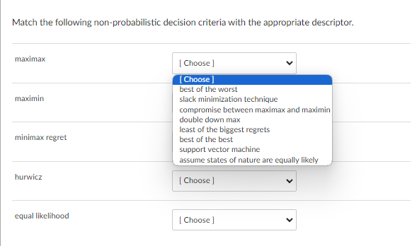 Solved Match the following non-probabilistic decision | Chegg.com