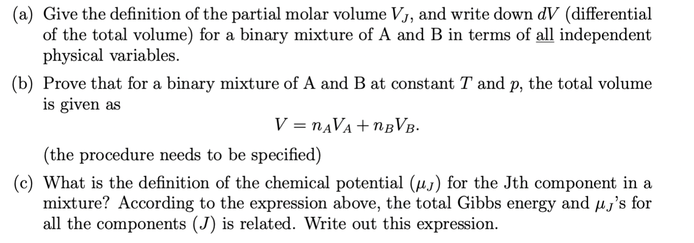(a) Give the definition of the partial molar volume | Chegg.com