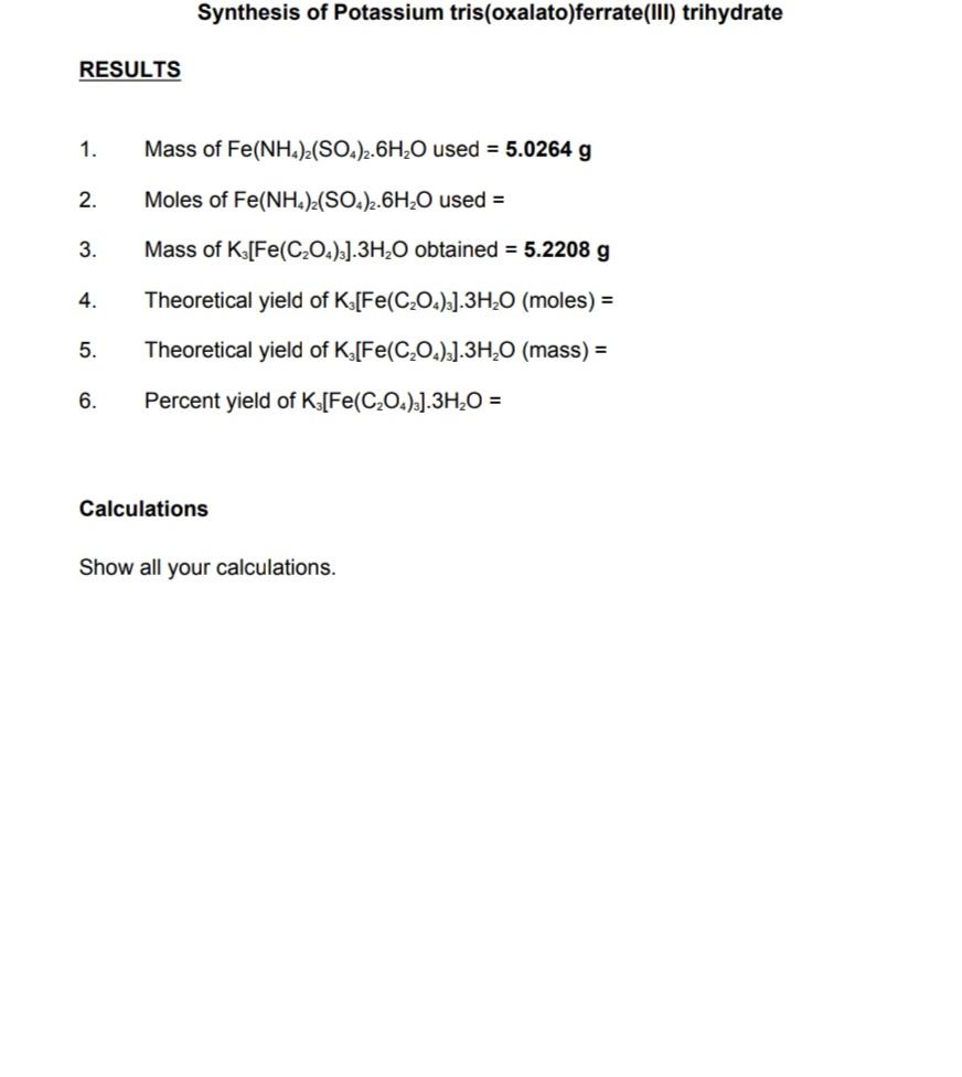 Solved Synthesis of Potassium tris(oxalato)ferrate(III) | Chegg.com