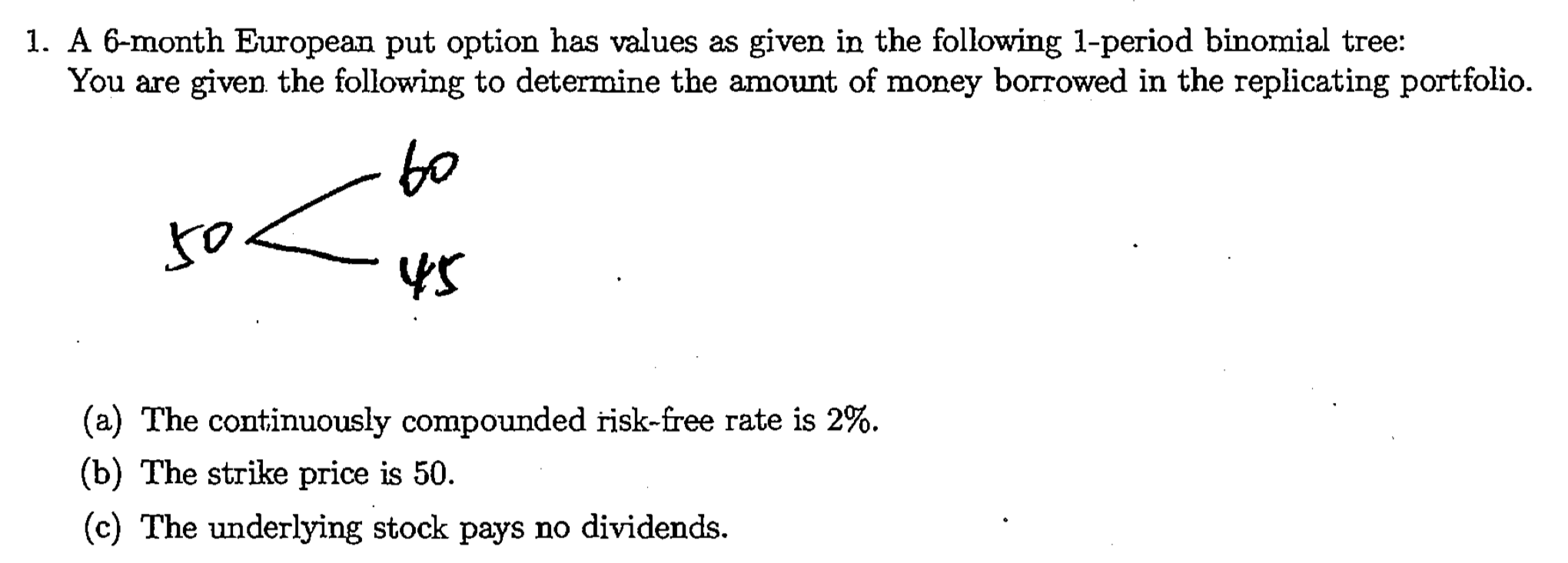 Solved 1. A 6-month European put option has values as given | Chegg.com