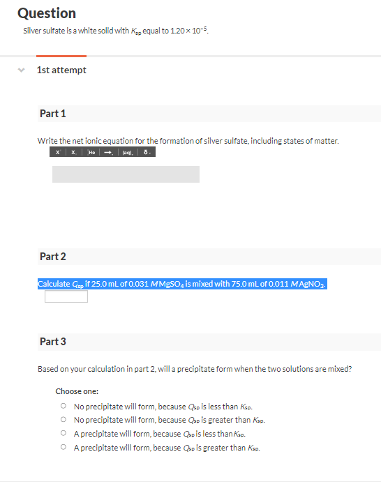 Solved Calculate Qsp if 25.0 mL of 0.031 M MgSO4 is mixed | Chegg.com