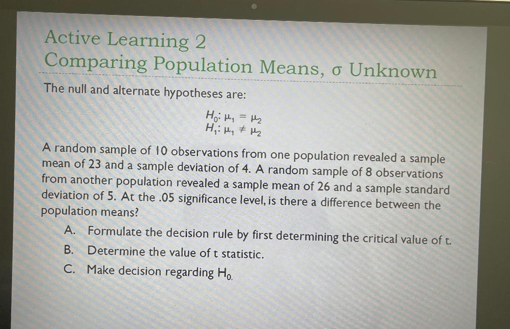 Solved Active Learning 2 Comparing Population Means, o | Chegg.com