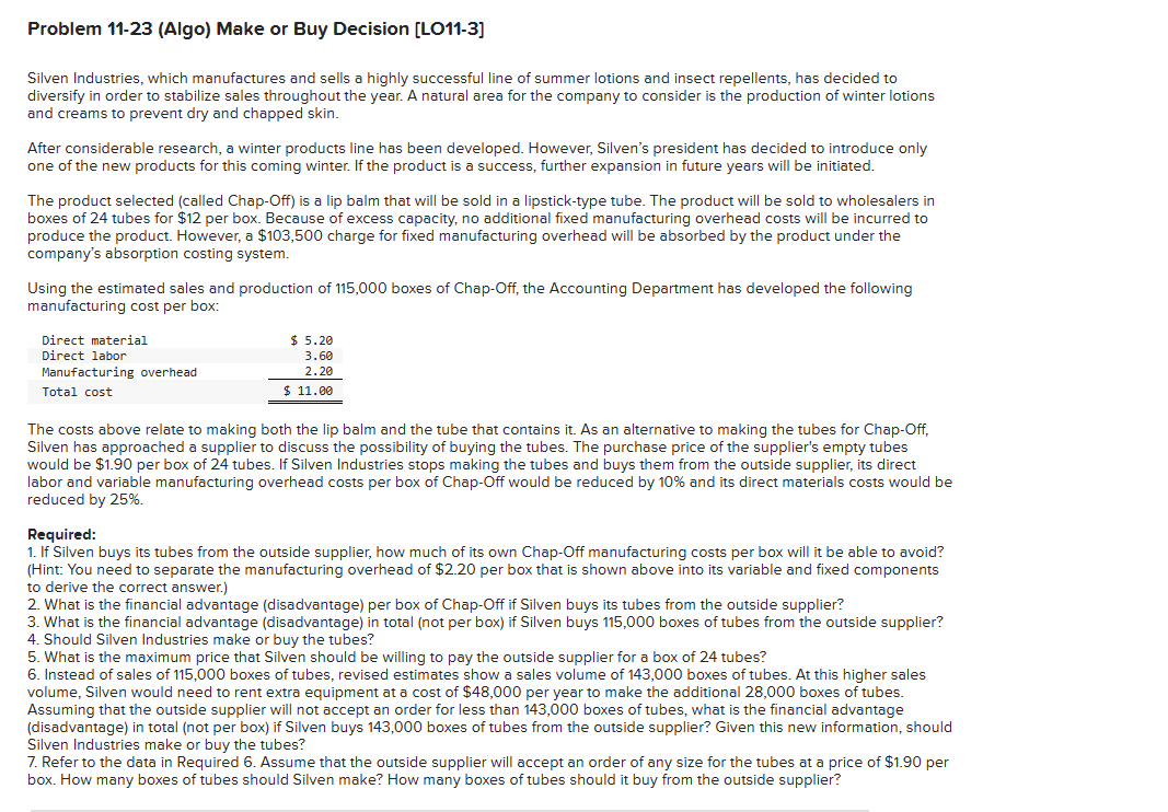 Solved Problem 11-23 (Algo) ﻿Make or Buy Decision | Chegg.com