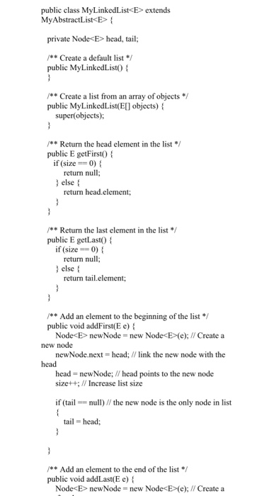Solved public class MyLinkedList E> extends MyAbstractListEt | Chegg.com