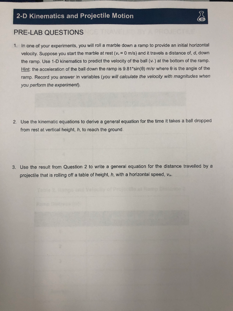 Solved 2-D Kinematics and Projectile Motion PRE-LAB | Chegg.com