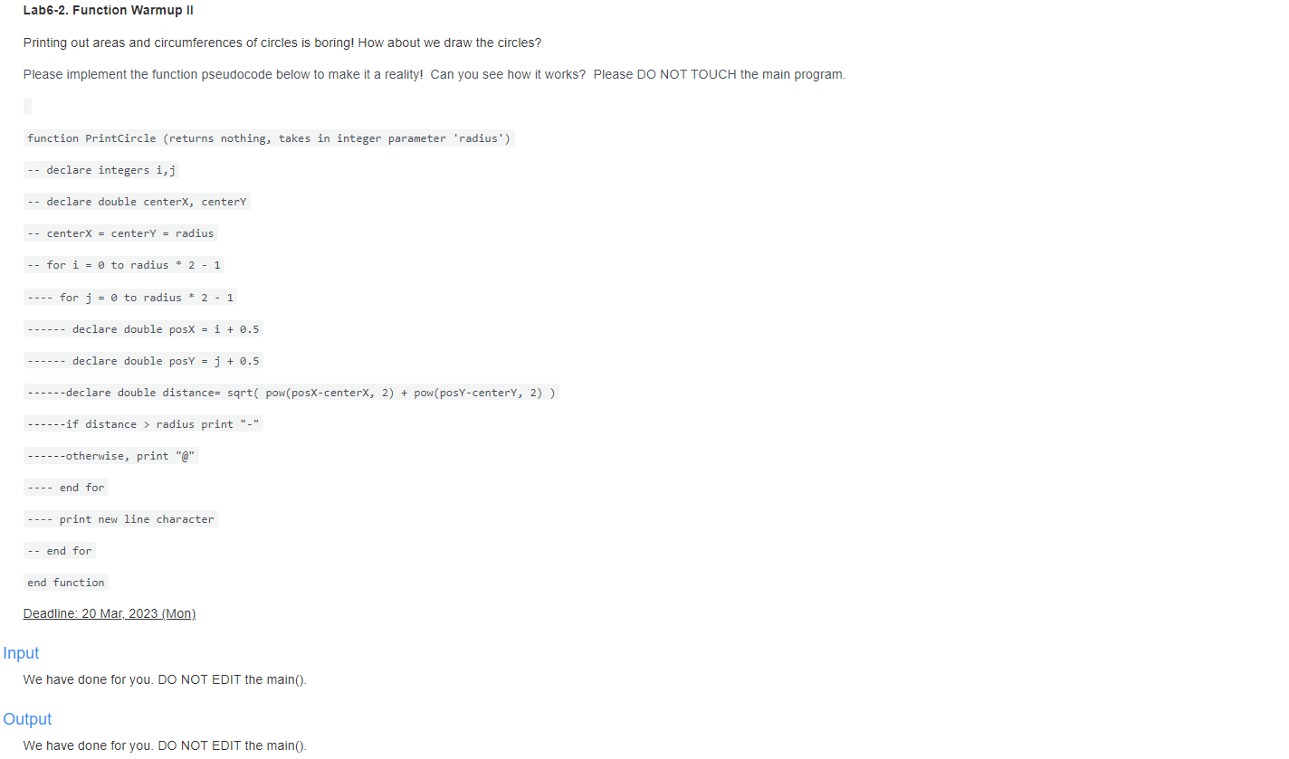 Solved Lab6-2. Function Warmup II Printing out areas and | Chegg.com
