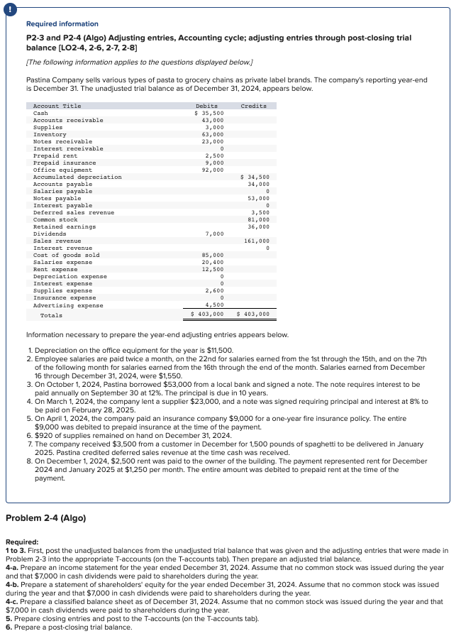 Required information P2-3 and P2-4 (Algo) Adjusting | Chegg.com