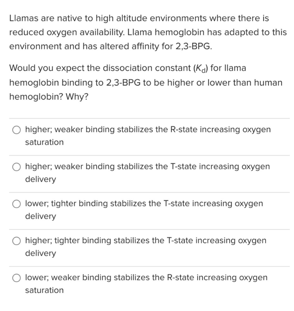 Solved Llamas are native to high altitude environments where | Chegg.com