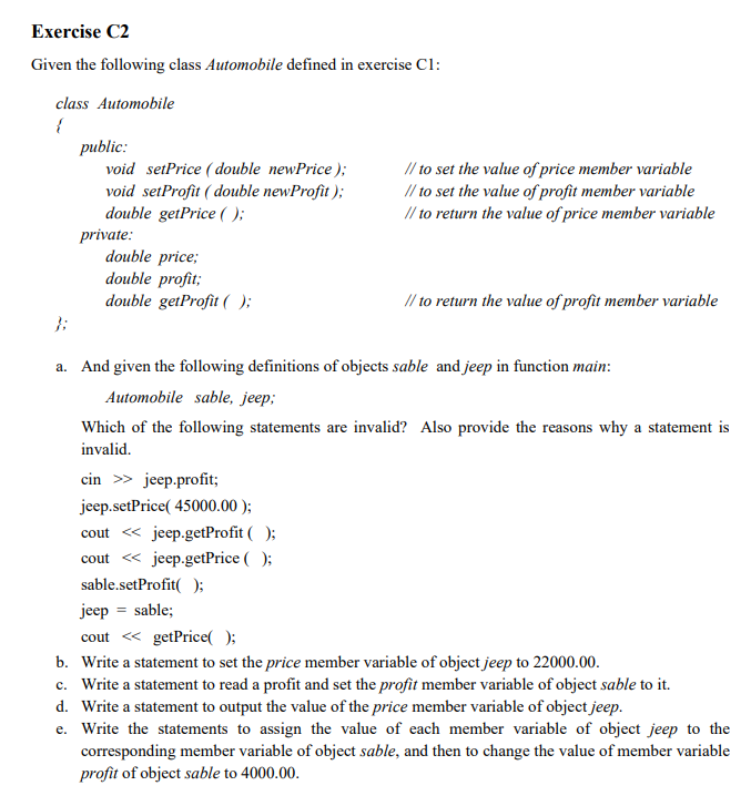 Solved Exercise C2 Given The Following Class Automobile 