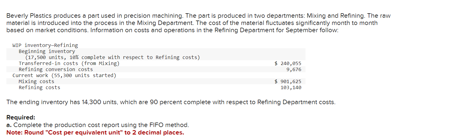 Solved Beverly Plastics produces a part used in precision | Chegg.com